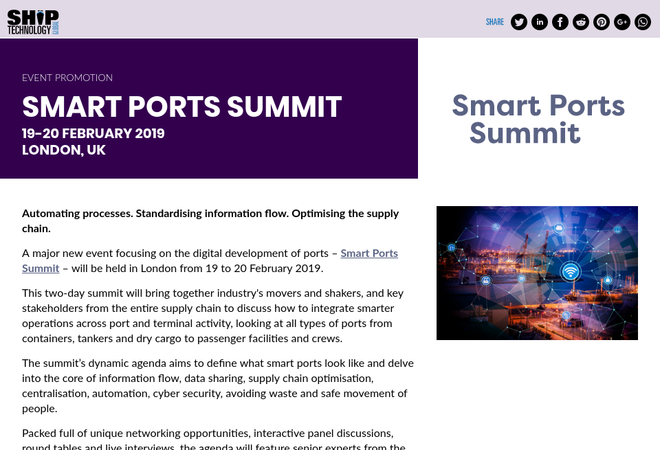 Smart Ports Summit - Ship Technology Global | Issue 62 | January 2019